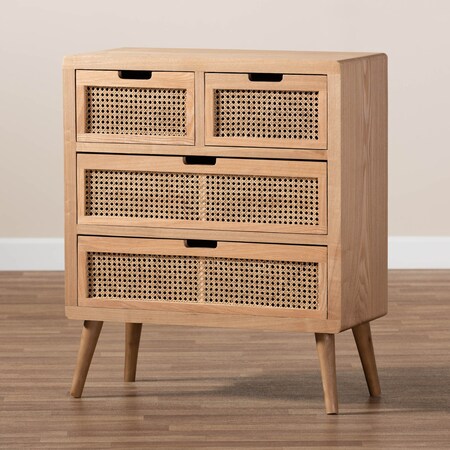 Baxton Studio Alina Mid Century Modern Medium Oak Finished Wood and Rattan 4 Drawer Accent Storage Cabinet